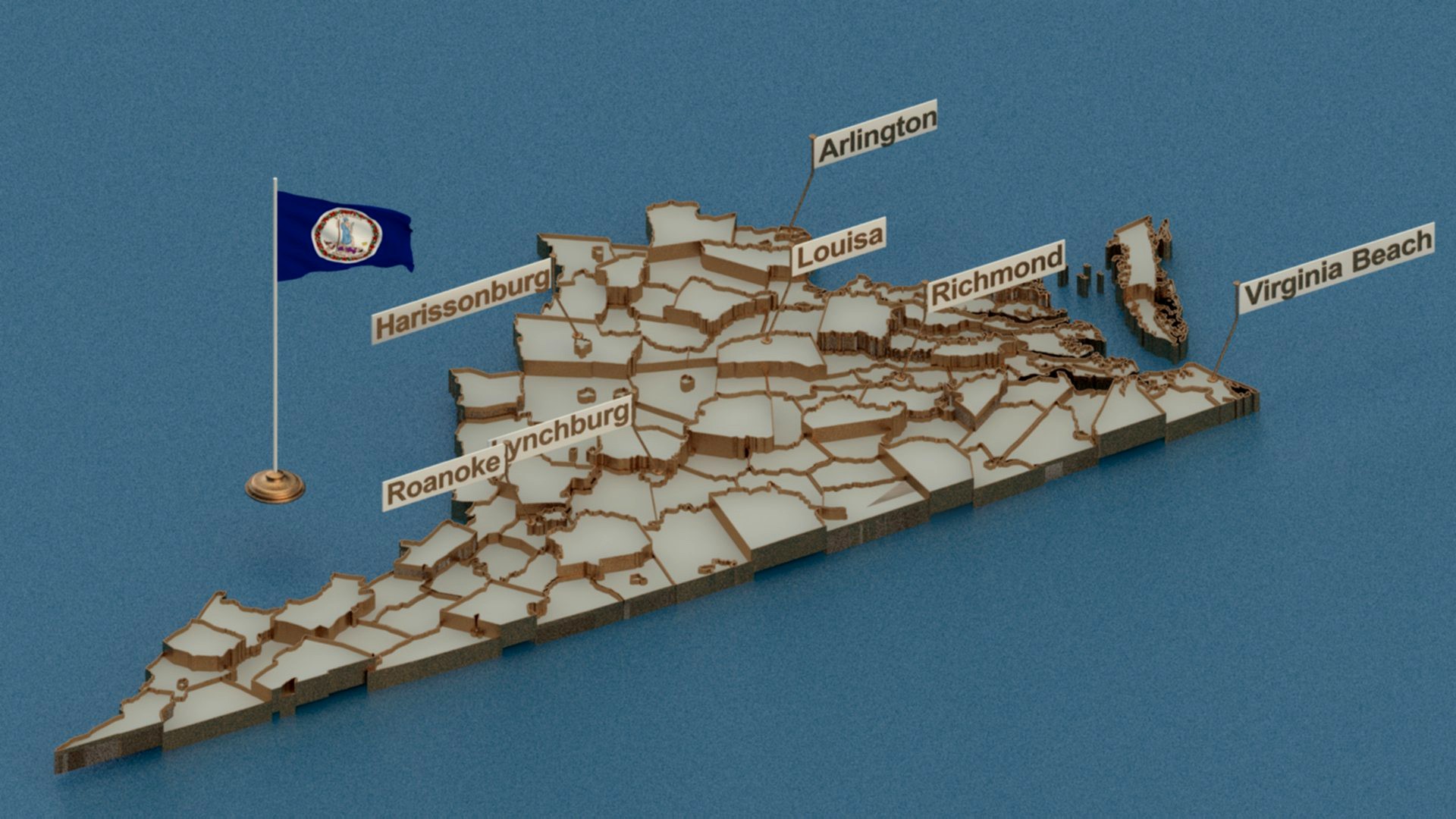 Virginia detailed Map with Animated Flag 3d model