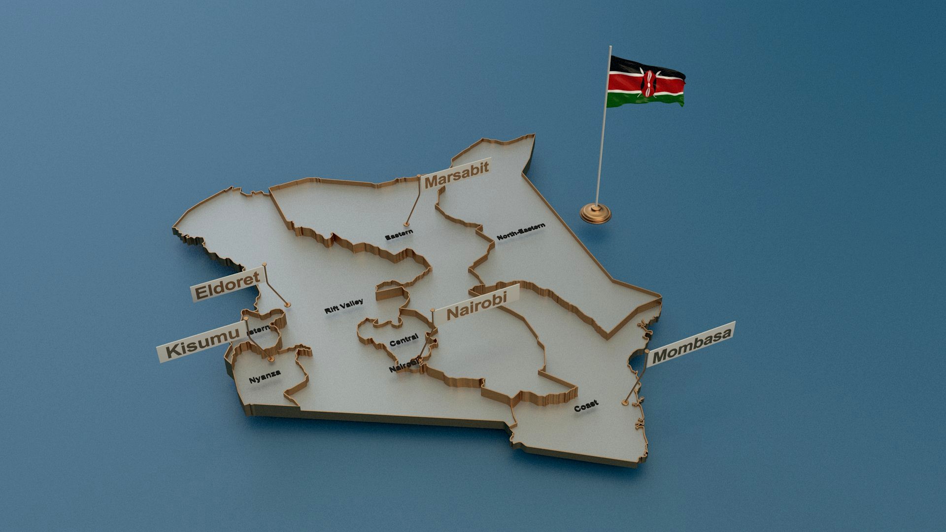 Kenya detailed Map with Animated Flag 3d model