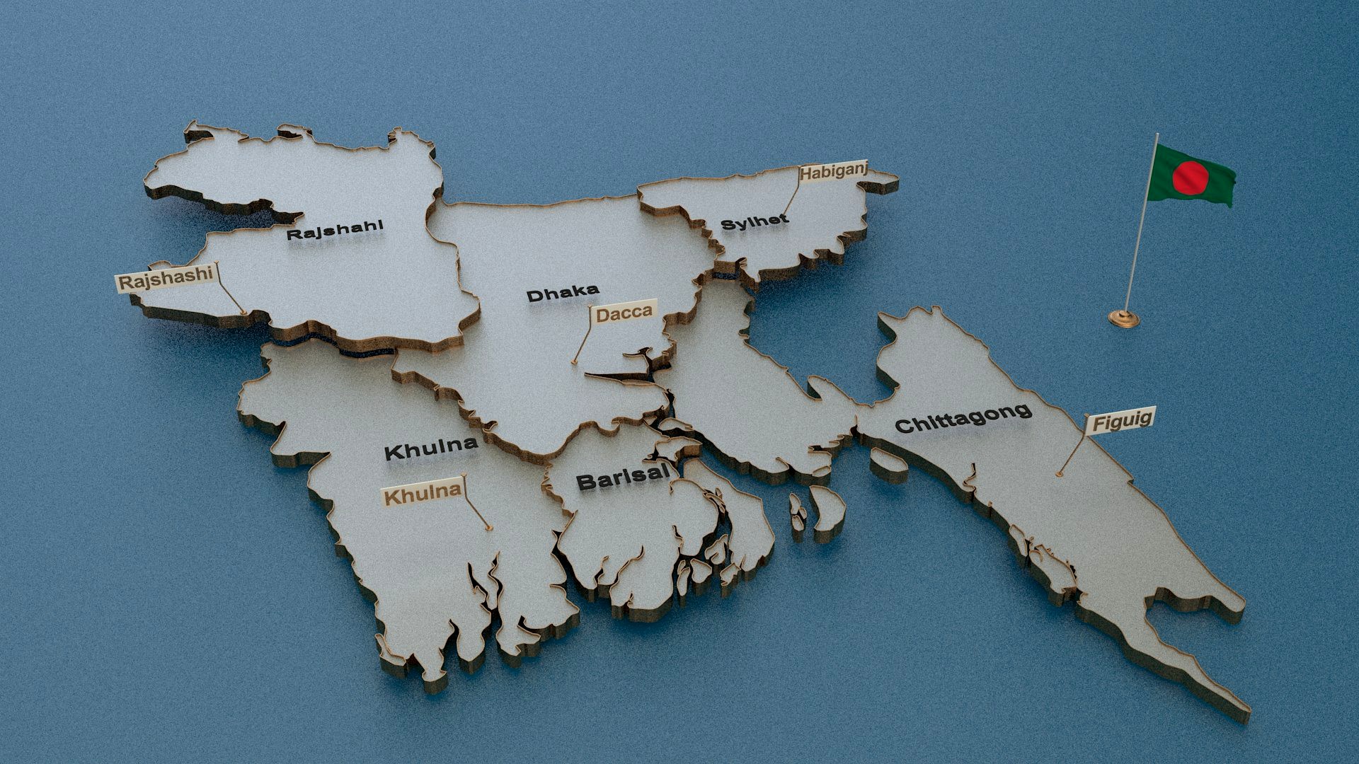 Bangladesh detailed Map with Animated Flag 3d model