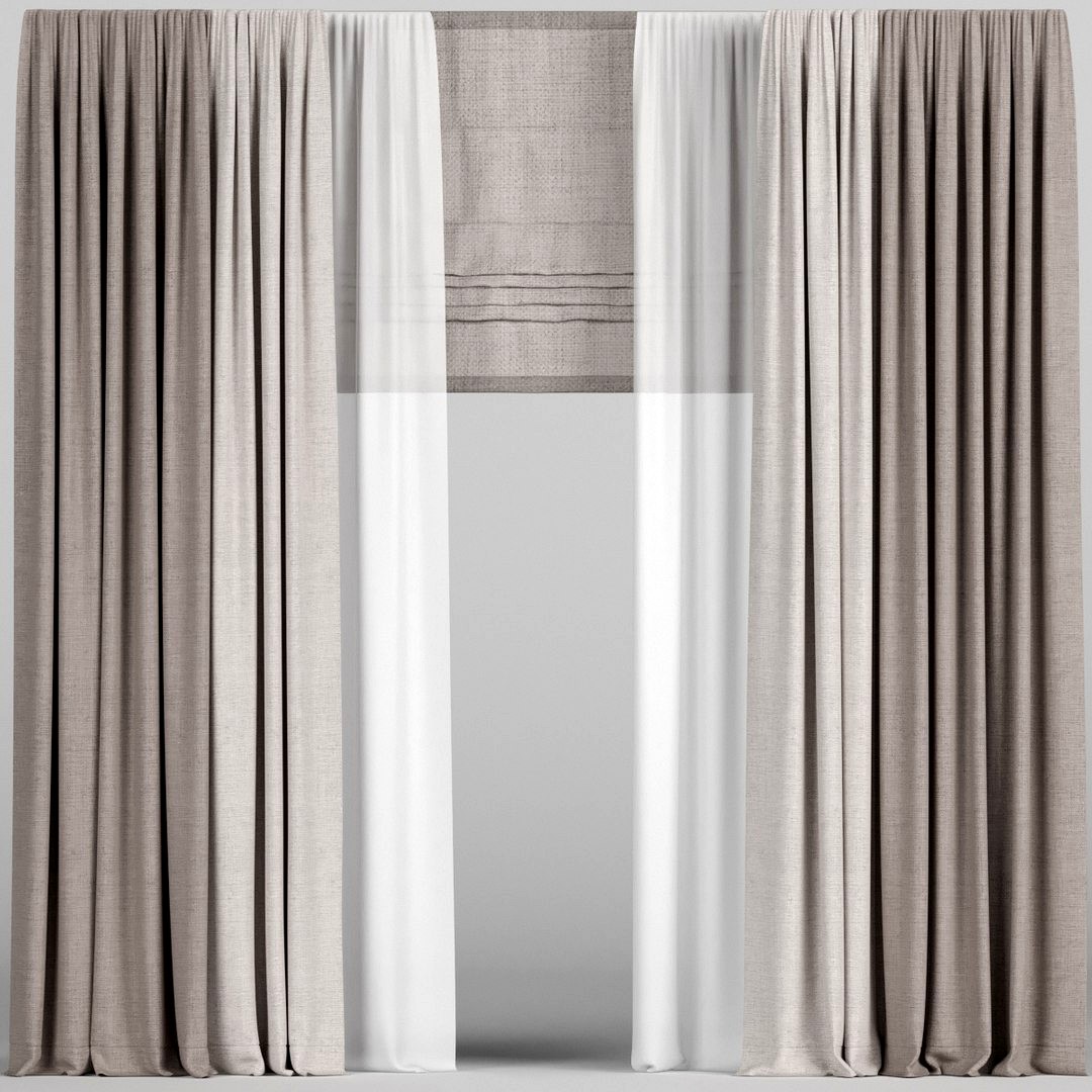 Brown curtains in two colors with tulle and roman 3d model