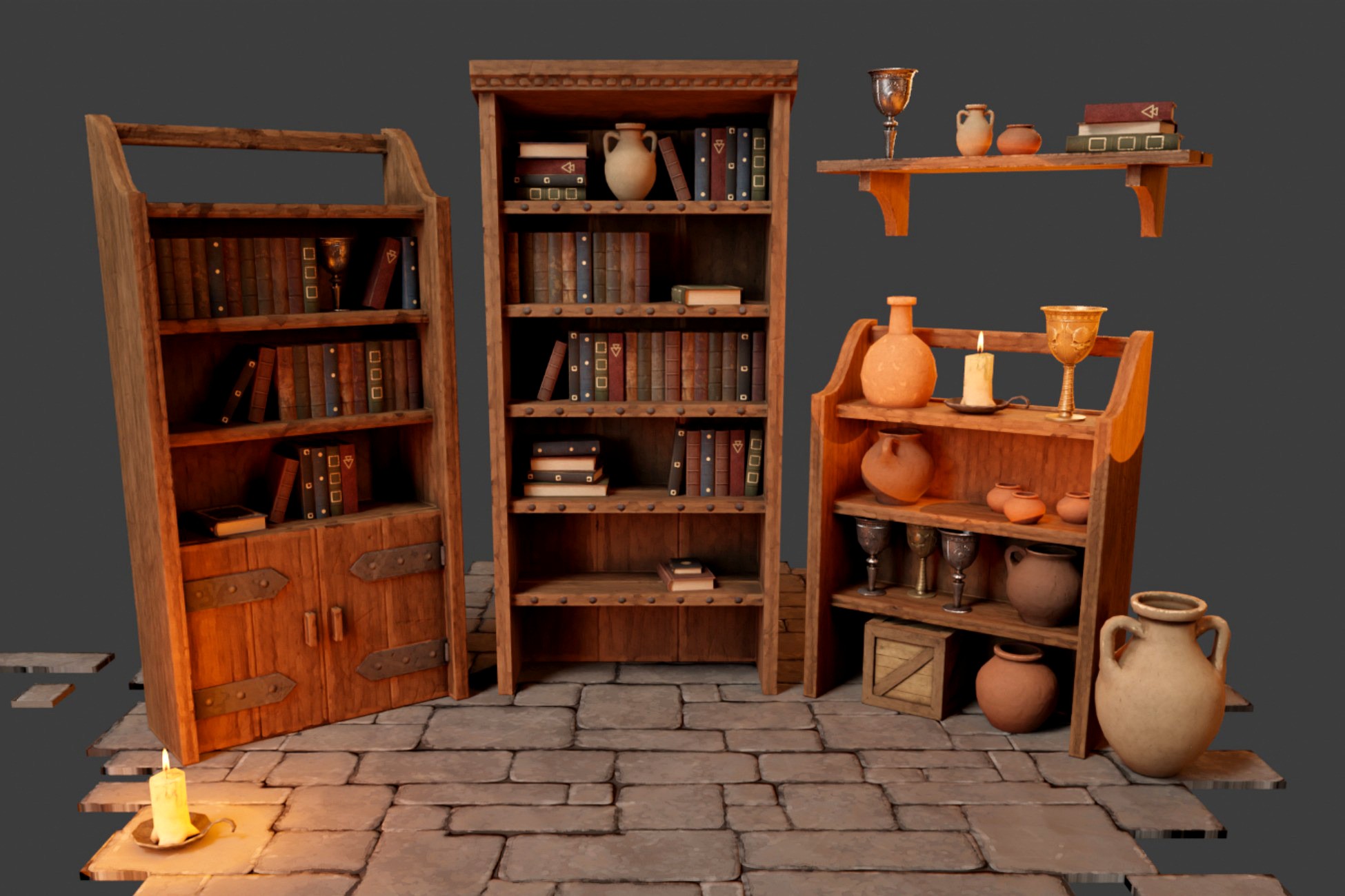 Medieval props Bookcases - Pack 3d model