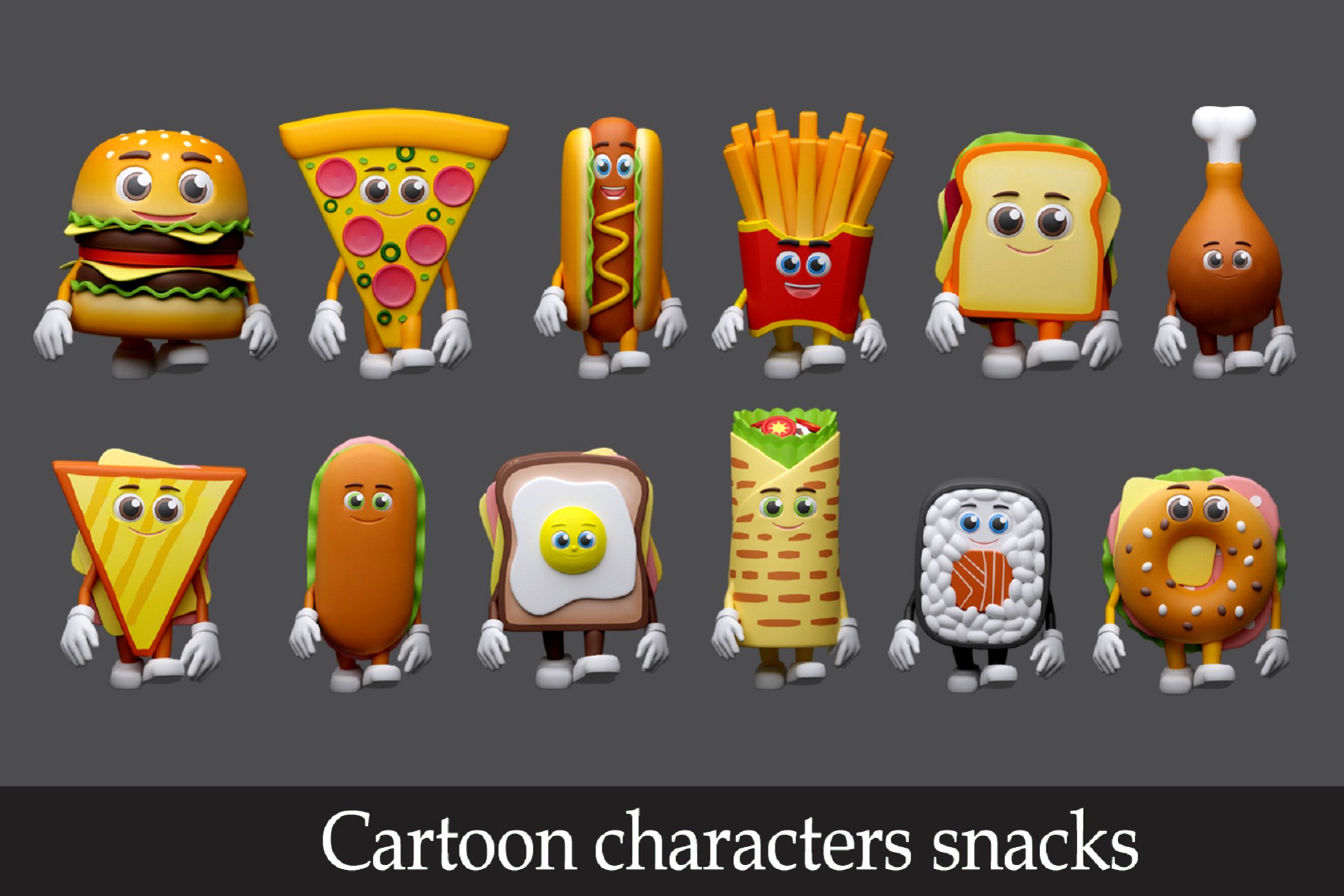 Cartoon characters snacks 3d model