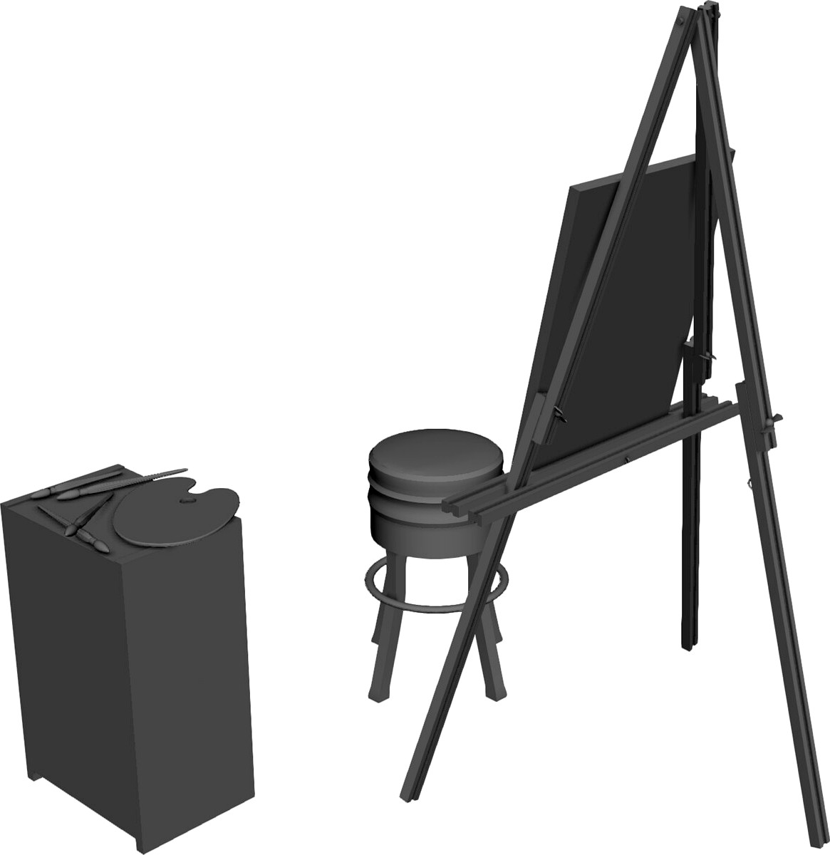 Artist Easel, Stool, Palette, and Brushes 3d model