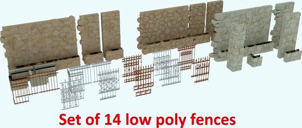 Set of 14 low poly fences 3d model