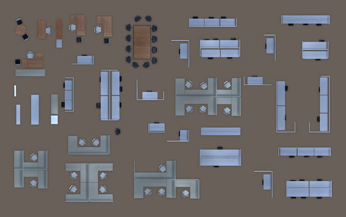 2d office furniture floorplan top view PSD 3D model render reali