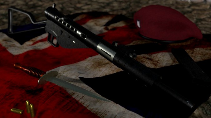 BRITISH STEN MKII AND BRITISH COMMANDO KNIFE WWII 3d model