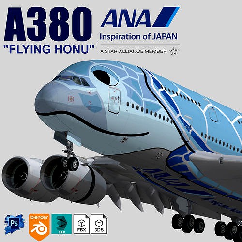 Airbus A380 ANA FLYING HONU design 3d model