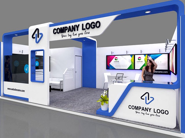 Exhibition stall 3d model 7x4 mtr 1 side open stand