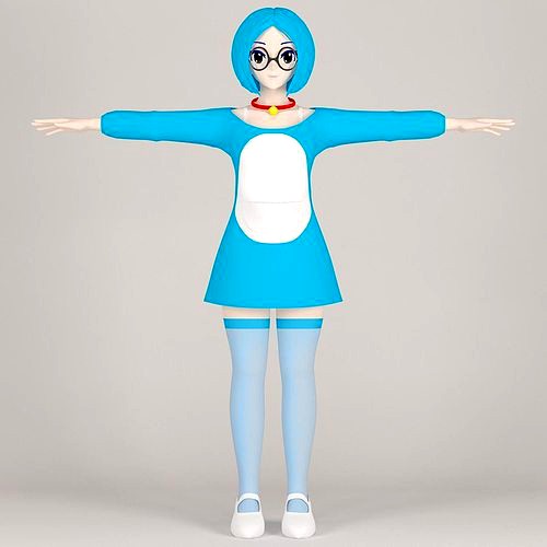 T pose nonrigged model of Doraemon toon girl 3d