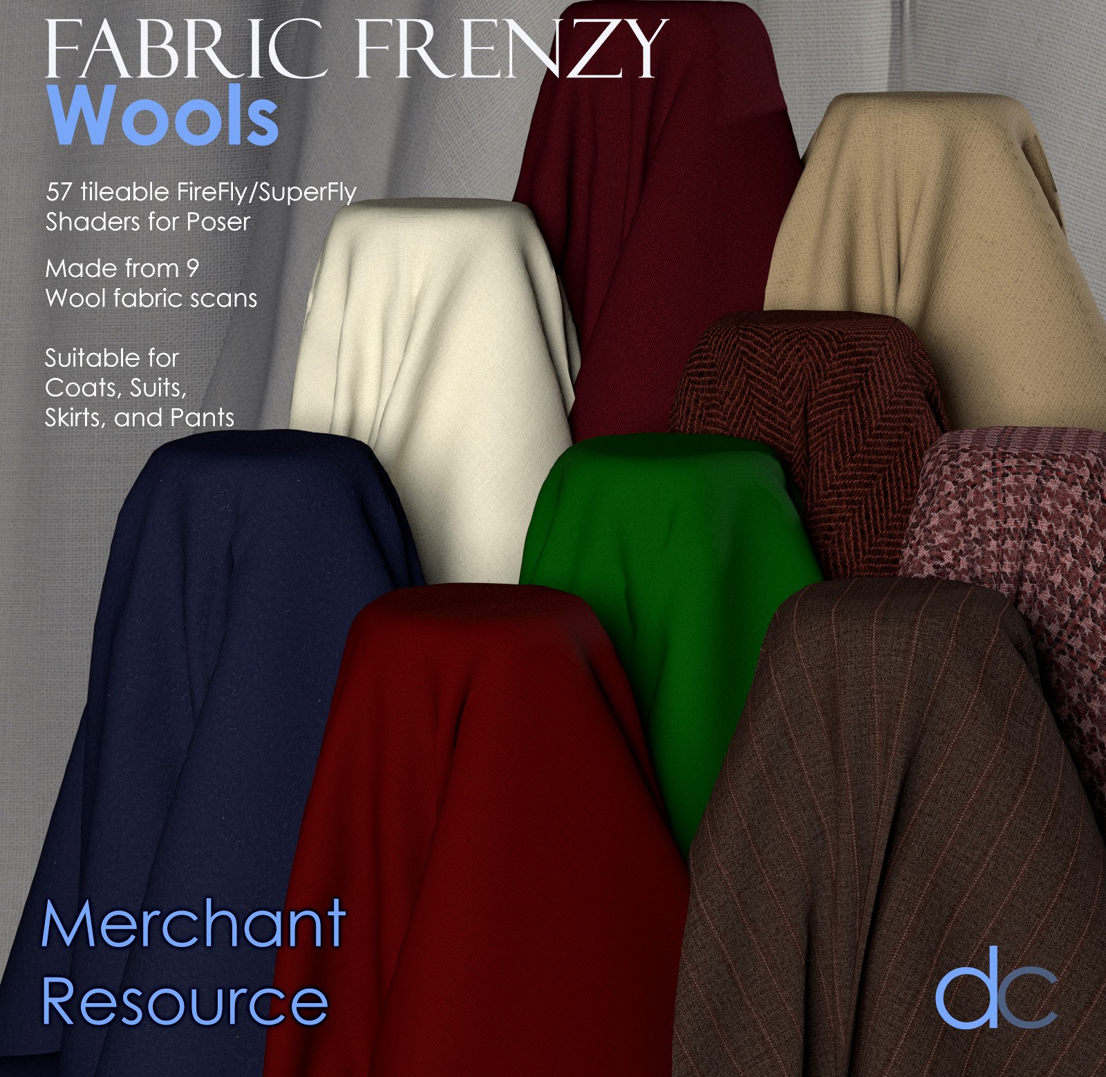 Fabric Frenzy: Wools PBR Textures and Poser Shaders 3d model
