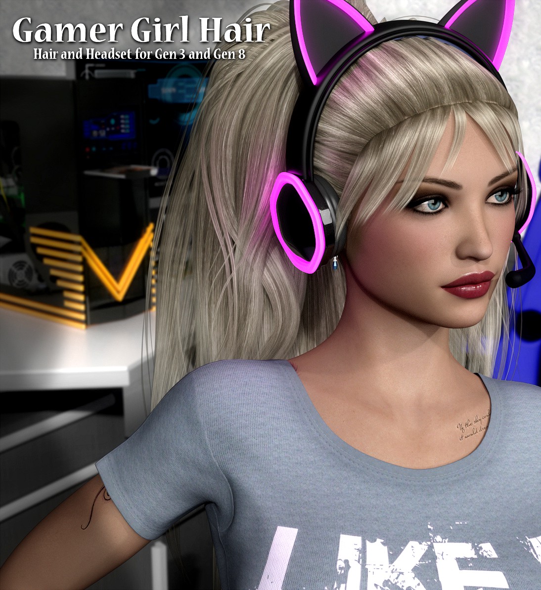 Gamer Girl Hair Gen 3 and Gen 8 Females 3d model