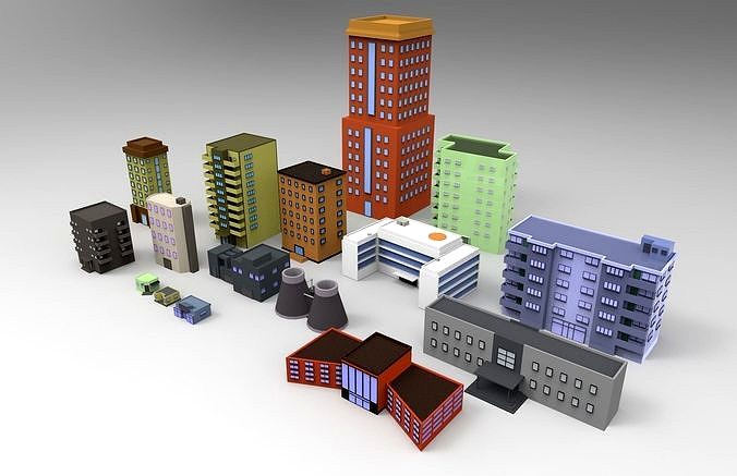 16 low poly buildings pack 3d model