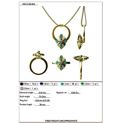 Rhombus Shaped Gold Pendant and Ring With Gemstones | 3D model