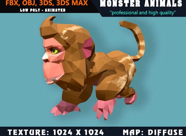 Low Poly Monkey Monster 43 Animated - Game Ready 3d model