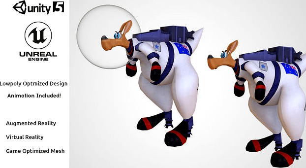 Kangaroo Astronaut Animated Low Poly 3D Model VR AR Game Unity
