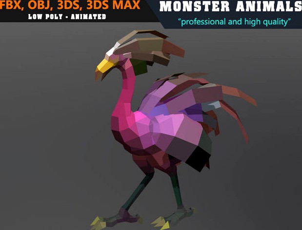 Low Poly Ostrich Cartoon Monster 3D Model Animated - Game Ready