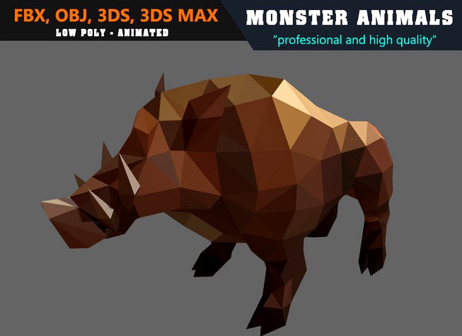 Low Poly Boar Cartoon Monster 3D Model Animated - Game Ready