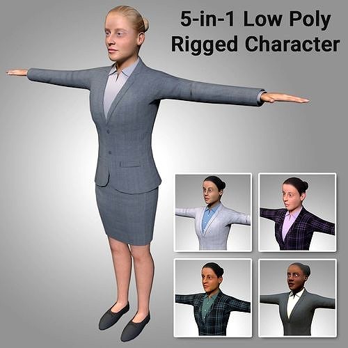 5-in-1 Low Poly Rigged Female Character - Maya Rig 3d model