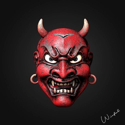 Old Japanese Hannya Demon Red Mask 3d model