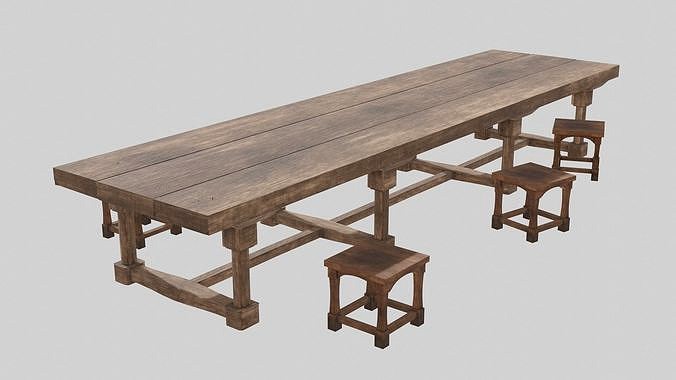 Medieval long table with chairs 3d model