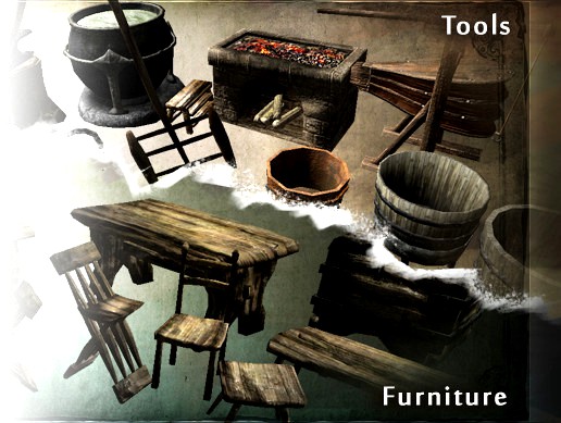 Medieval tools and furniture 3d model