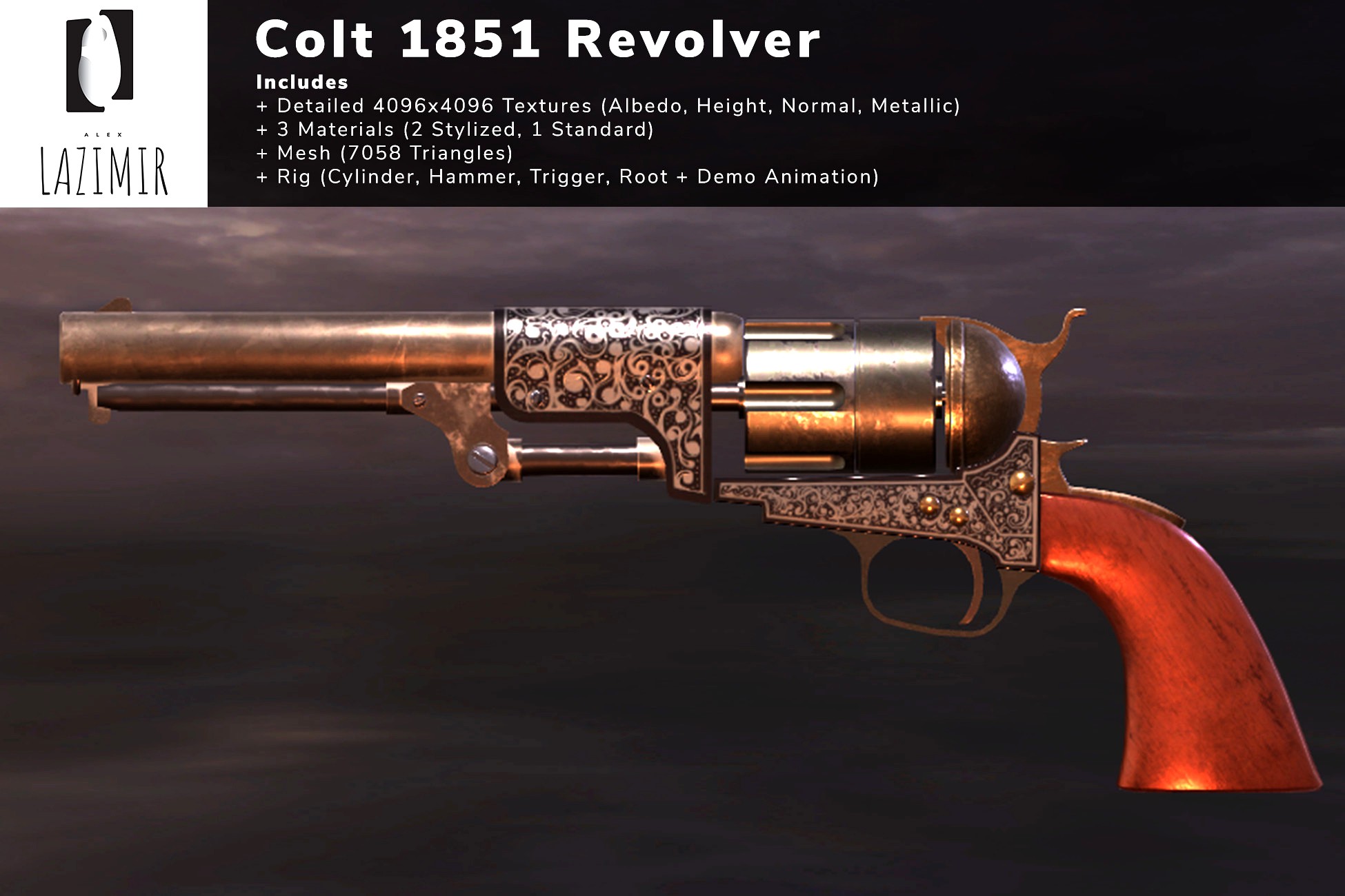 Low Poly Revolver (PBR) - Colt 1851 3d model