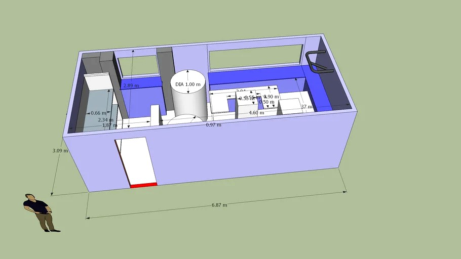 3D visitors room layout with dimensions added model