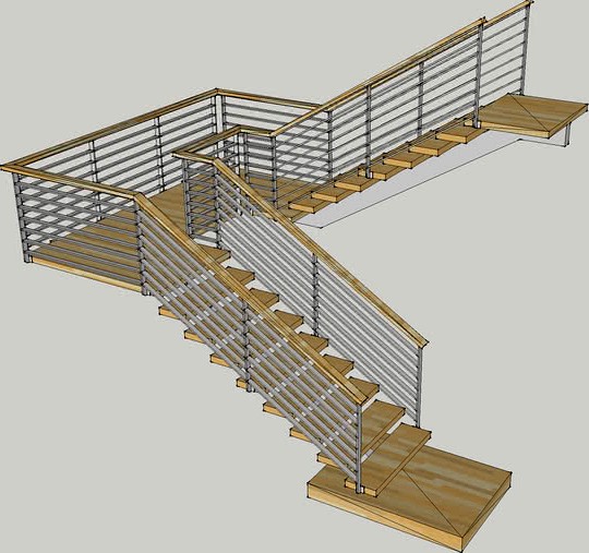 Switch back mono stringer stair with horizontal slat railing. 3d model