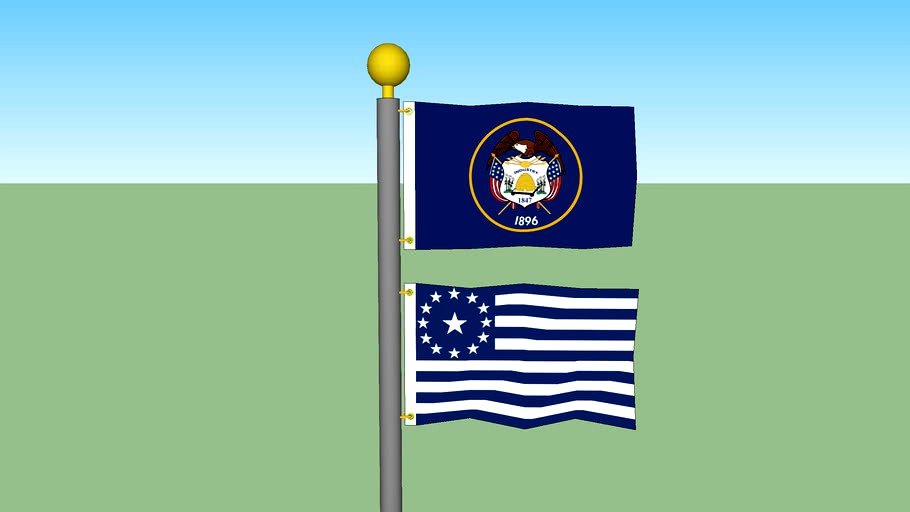Utah & Mormon Pioneer Flags on Dual Flagpole 3d model