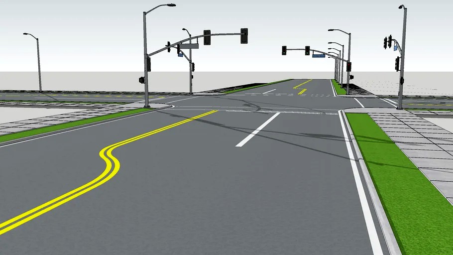 Intersection with traffic lights sidewalks and curbs 3d model