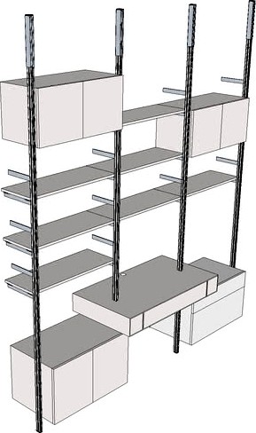 97' Wide- 3Bay Compression Pole Shelving System with Floating Desk 3d model