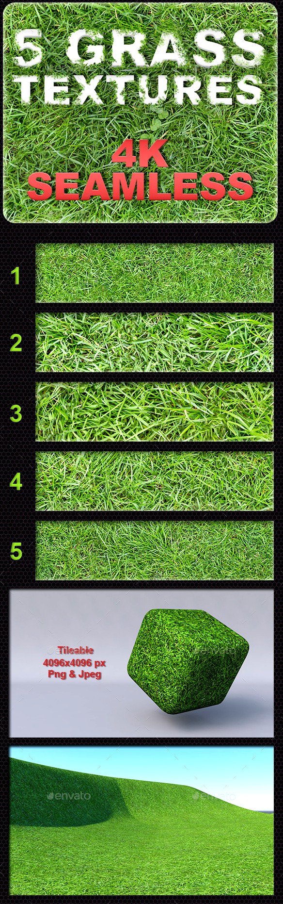 5 Grass Tileable Textures 3d model
