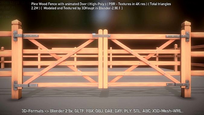 Pine Wood Fence with animated Door - High-Poly Version 3d model