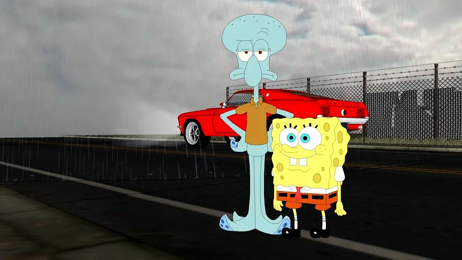 Squidward and SpongeBob In The Rain and House and Car 3d model