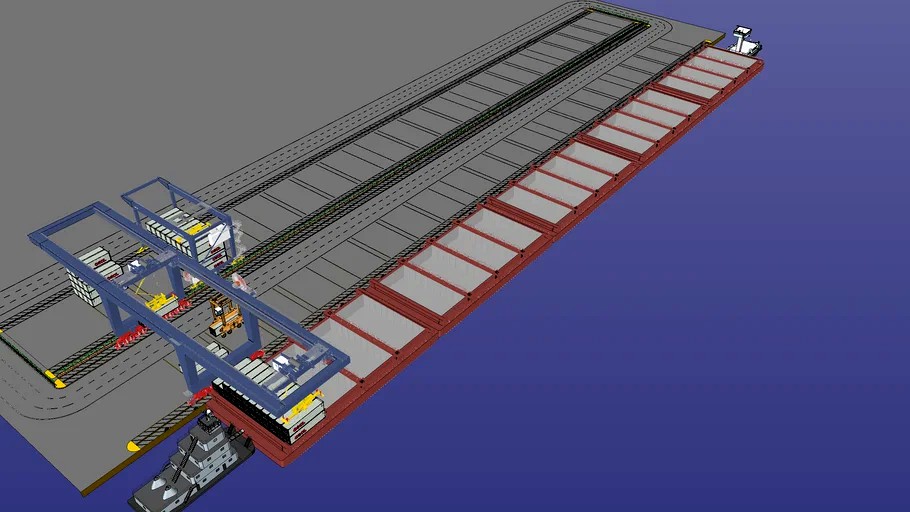 Container on barge port 3d model